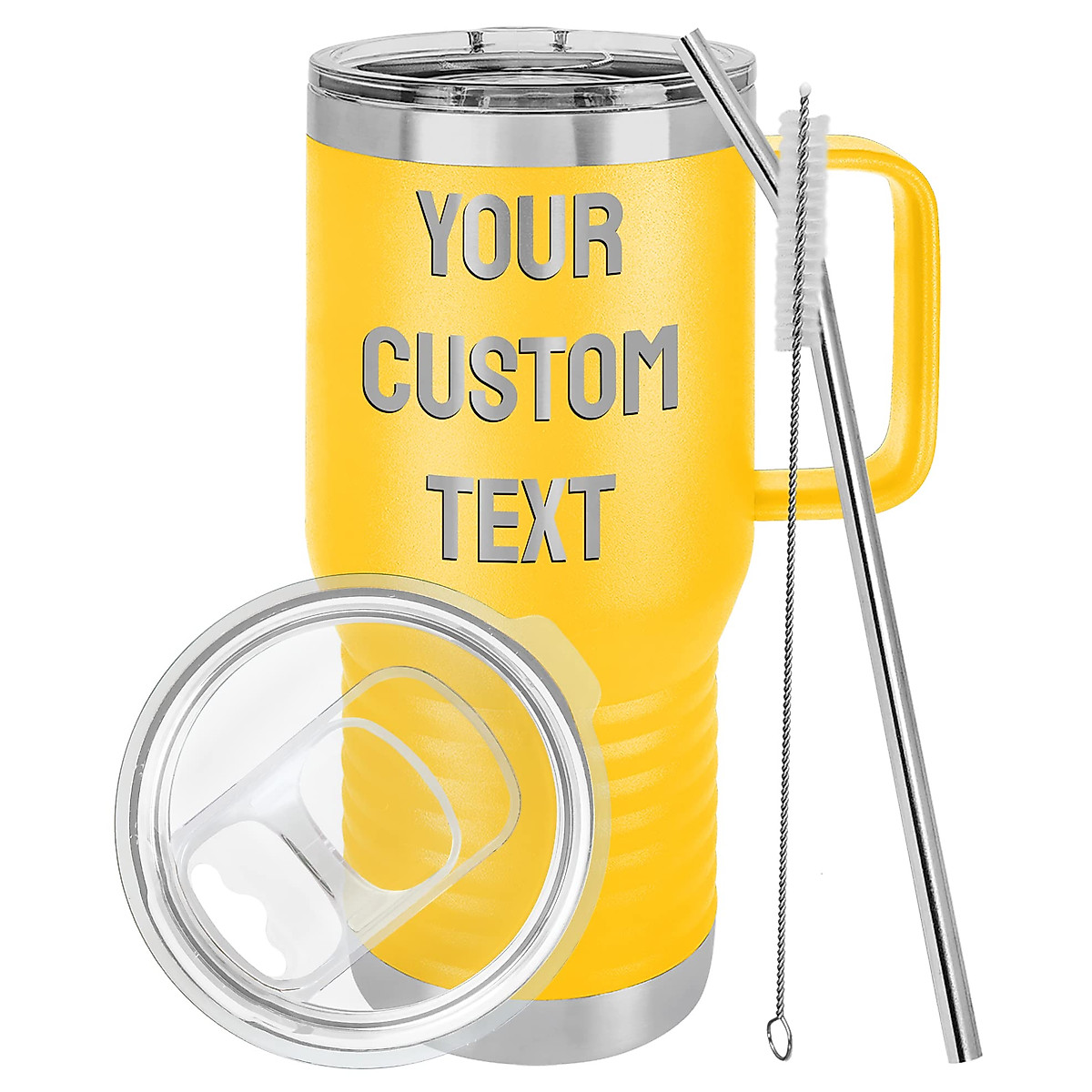 Polar Camel Personalized Tumblers with Slide Lid and Straw, Name Engraved Customized Cups, Stainless Steel Vacuum Insulated Travel Coffee Mugs - Women, Men Birthday Gift (Yellow, 20 oz)