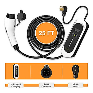 Keruida Level 2 EV Charger 32Amp 240V, Portable EV Charger with NEMA 14-50 Plug SAE J1772 Cable, Home EV Charging Station Adjustable Currents 10A-32A, with EV Charger Holder, Timing Delay