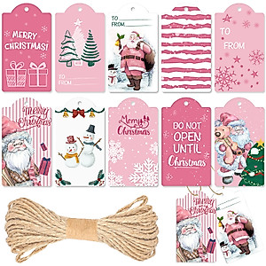 Lincia 120 Pcs Pink Christmas Gift Tag Winter Paper Gift Tags Christmas Hanging Tags Labels with String for Christmas Holiday Party Gift Wrapping Xmas Decor, 10 Styles (Fresh Style)