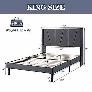 Allewie King Size Upholstered Platform Bed Frame / Geometric Wingback Headboard / Mattress Foundation / Wood Slat Support / No Box Spring Needed / Easy Assembly, Dark Grey