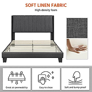 Yaheetech Queen Size Bed Frame, Upholstered Platform Bed with Wing Edge Channel Headboard, Square Tufted Fabric/Mattress Foundation/Wooden Slats Support/No Box Spring Needed/Easy Assembly/Dark Gray