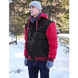 BEST SOUTH Men's Hooded Winter Coats Water Resistant Warm Thicken Insulated Full Zip Windproof Jackets with Pockets Black Red XL