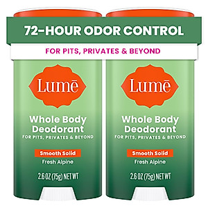 Lume Whole Body Deodorant - Smooth Solid Stick - 72 Hour Odor Control - Aluminum Free, Baking Soda Free and Skin Safe - 2.6 Ounce (Pack of 2) (Fresh Alpine)