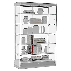 Displays2go, Illuminated Full Vision Cabinets, Tempered Glass, Painted MDF Construction – Clear, Silver Finish (GTAP48LEDS)