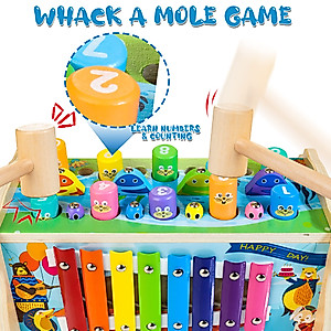 WOODMAM Montessori Toys for 1 Year Old, 7-in-1 Wooden Hammering Pounding Toy with Xylophone and Magnetic Fishing Game, Educational Gift for Boys and Girls 1 Year Old