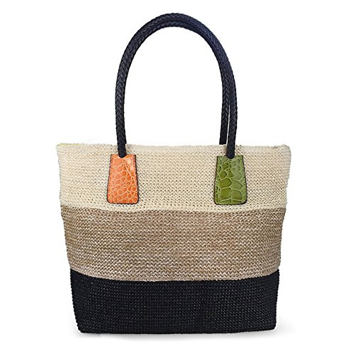 HOXIS Color Block Crocodile Pattern Stripes Woven Synthetic Straw Tote Womens Shoulder Vacation bag (Khaki)