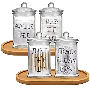 6PCS Glass Qtip Holder Bathroom Set- 4 Pack 10 oz Damp-proof Apothecary Jars Canisters with Bamboo Lids Clear Farmhouse Qtip Holder Dispenser for Cotton Swabs, Pads, Balls, Floss, Vanity Makeup Organizer