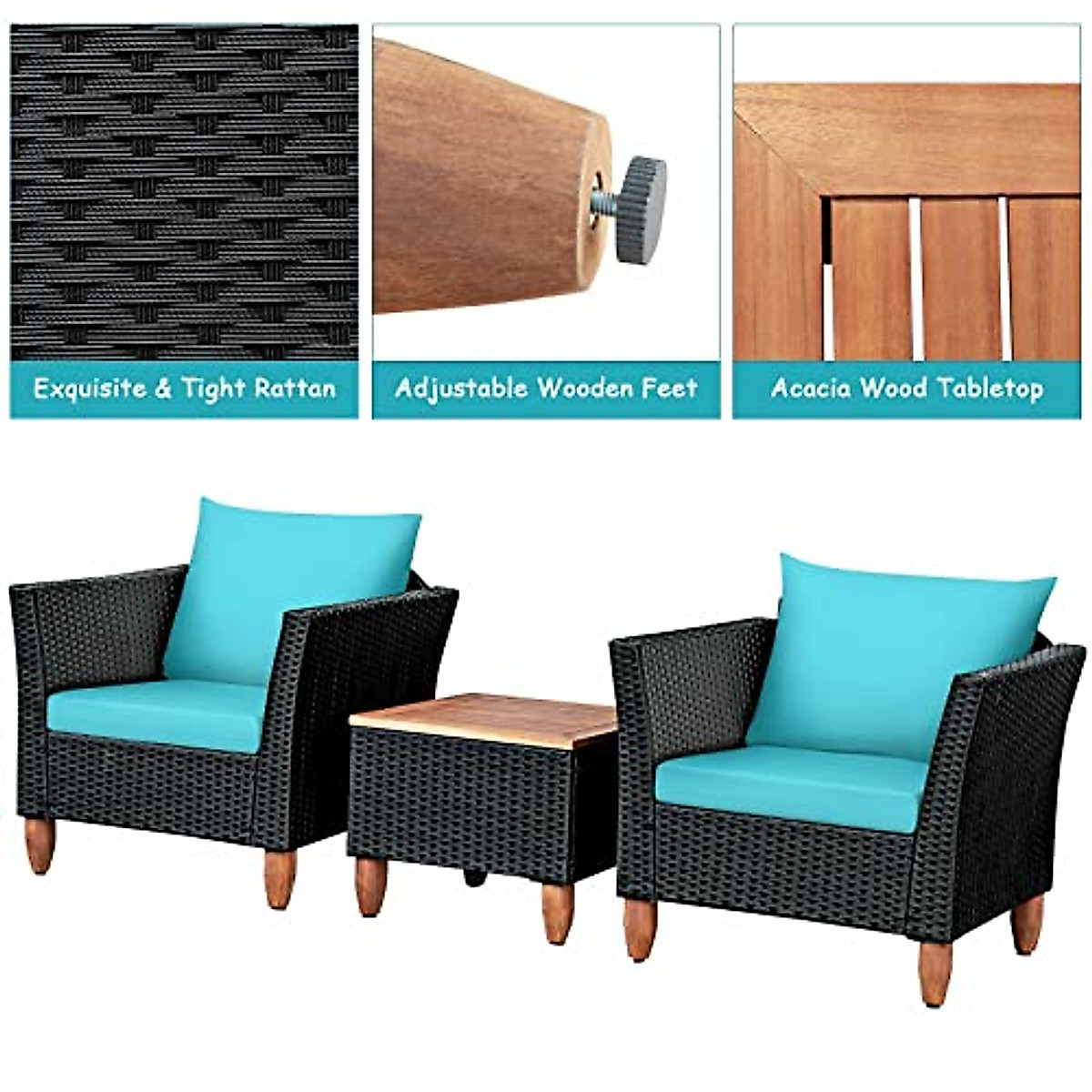 LIRUXUN 3PCS Outdoor Patio Rattan Furniture Set Wooden Table Top Cushioned Sofa Black Coffee Table (Color : D)