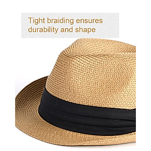 FURTALK Fedora Straw Sun Hat for Men Women Foldable Roll Up Short Brim Trilby Hat Panama Beach Hat UPF 50+ (Khaki, Medium)