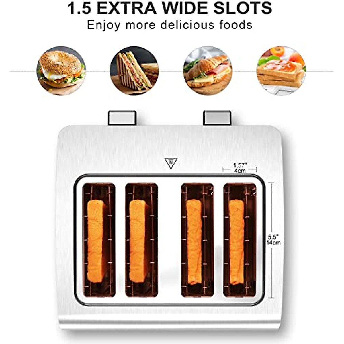 Toaster 4 Slice, LauKingdom 1.57" Extra Wide Slots Toaster, Smart Pop-Up Stainless Steel Toasters with 6 Shade Settings, Evenly & Quickly Bread Toaster, Bagel Defrost Cancel Function, 1500W, Silver