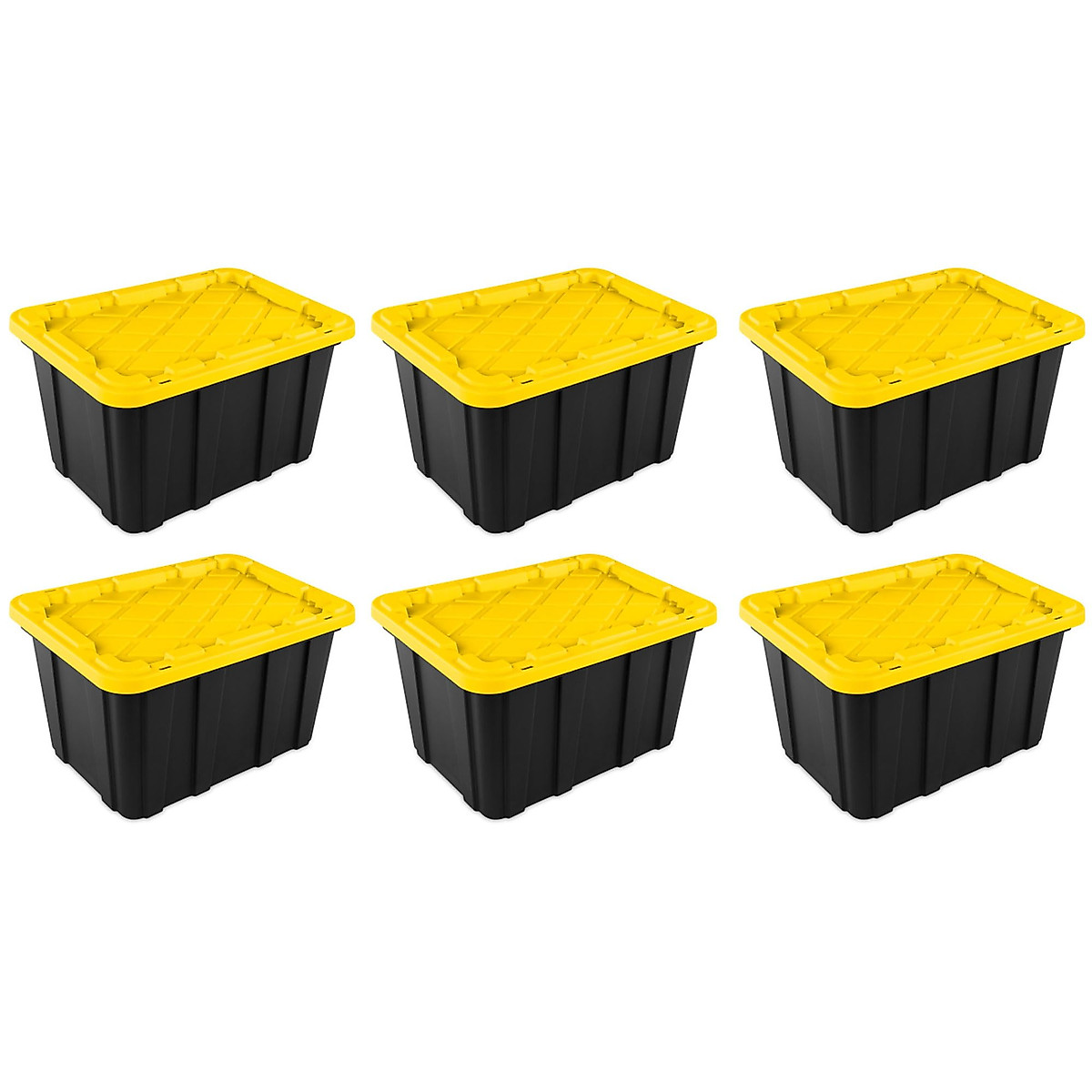 Sterilite 27 Gallon Industrial Stackable Storage Tote Snap-Fit Lidded Home Garage Organization Container with Carrying Handles, 6 Pack, Black/Yellow