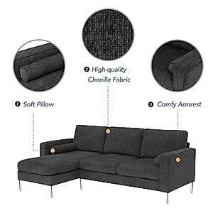 POCIYIHOME 86" Convertible Sectional 2 Pillows, Modern Chenille L-Shaped Couch with Reversible Chaise Lounge, 3-Seater Sofa, Fit for Living Room,Office,Apartment, Polyester, Dark Grey