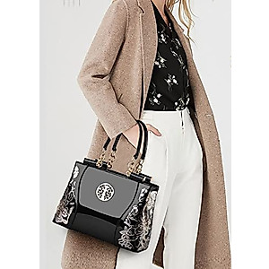 SMALLBLUER Women Patent Leather Tote Crossbody Bag Retro Pattern Shoulder Bags Satchel-Black