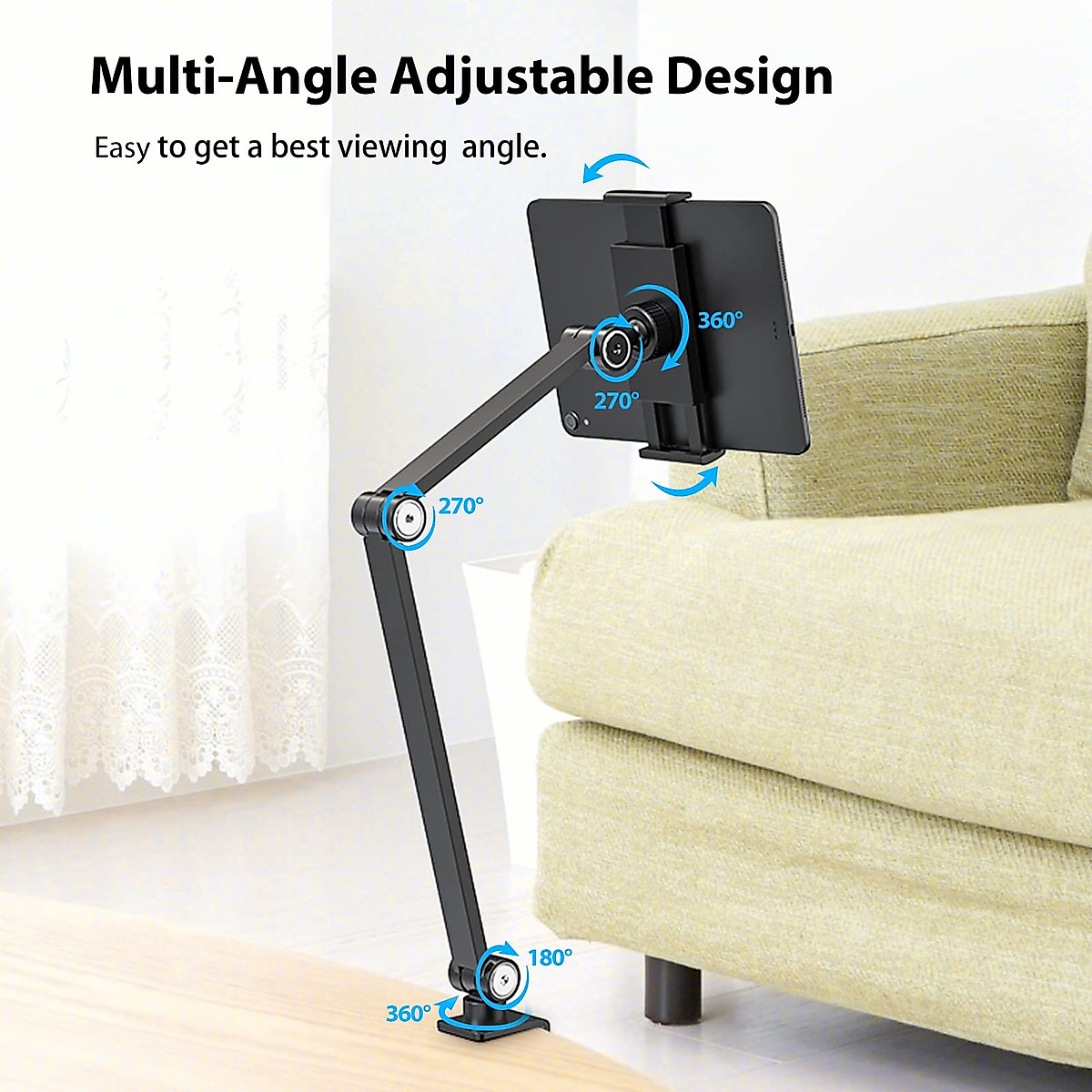 BEWISER iPad Desk Mount, Tablet Holder for Desk or Bed,Rotate 360 Degrees of Flexible, Height and Angle Adjustable, Aluminium Alloy Arm Clamp Mount Compatible with4.7-15.6" Screen (Space Gray)