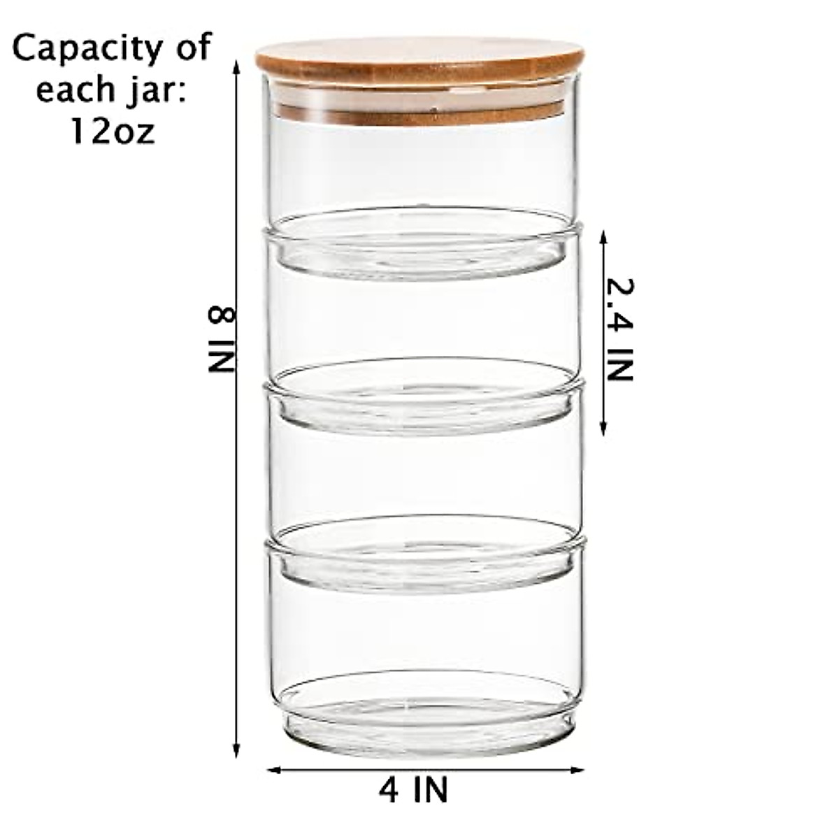 Coloch 4 Tier Stacking Glass Jars with Airtight Bamboo Lid, 12oz Clear Food Storage Canister Set Decorative Glass Jars for Candies, Nuts, Condiments, Tea, Tiny Crafts, Kitchen, Living Room