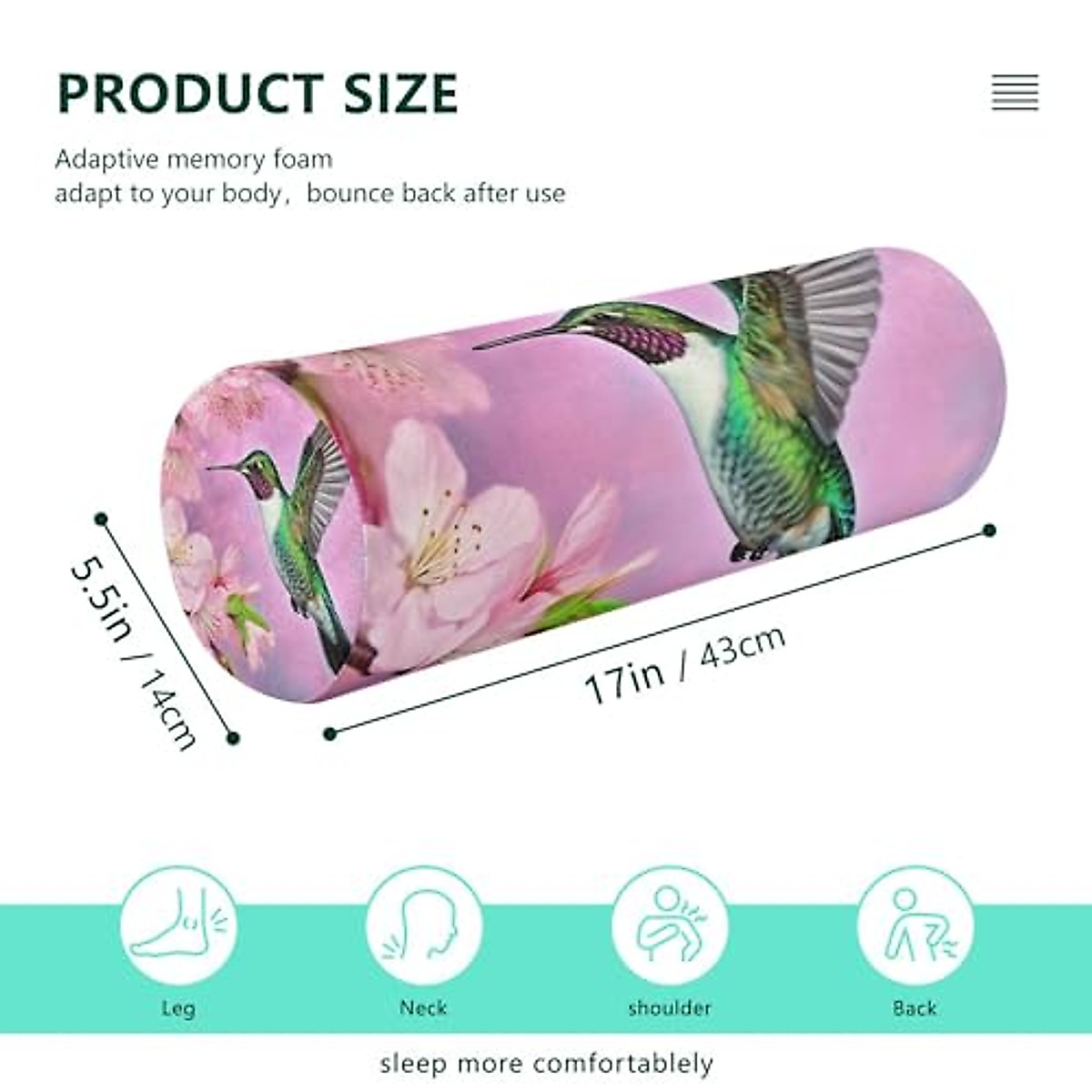 xigua Bird Hummingbird Neck Roll Pillow for Neck Relief with Removable Washable Cover - Memory Foam Round Cylinder Bolster, Ergonomically Designed for Head, Neck, Back, and Legs