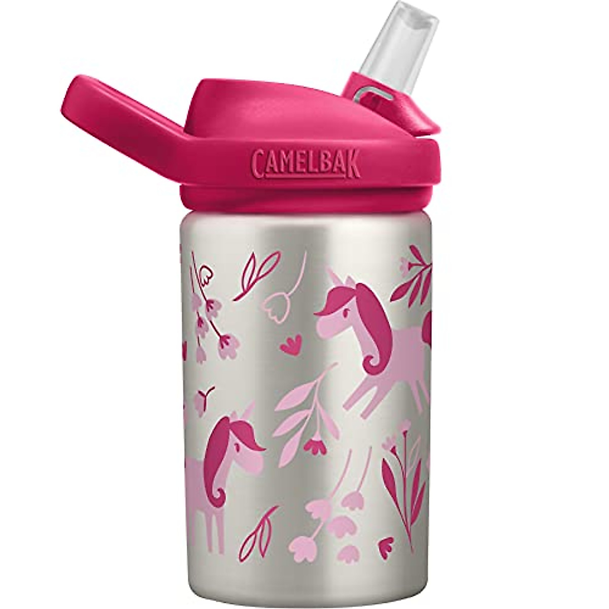 CamelBak Eddy+ Kids Water Bottle, Stainless Steel with Straw Cap, 14 oz, Unicorn & Blooms - Spill-Proof When Open, Leak-Proof When Closed, Model Number: 2305104040