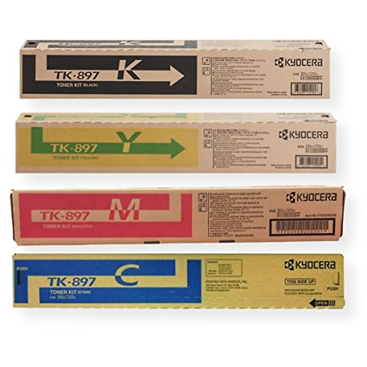 Kyocera TK-897 Bundle; Includes 1T02K00US0 Model TK-897K Black Toner, 1T02K0AUS0 Model TK-897Y Yellow Toner, 1T02K0BUS0 Model TK-897M Magenta Toner, and 1T02K0CUS0 Model TK-897C Cyan Toner Cartridge