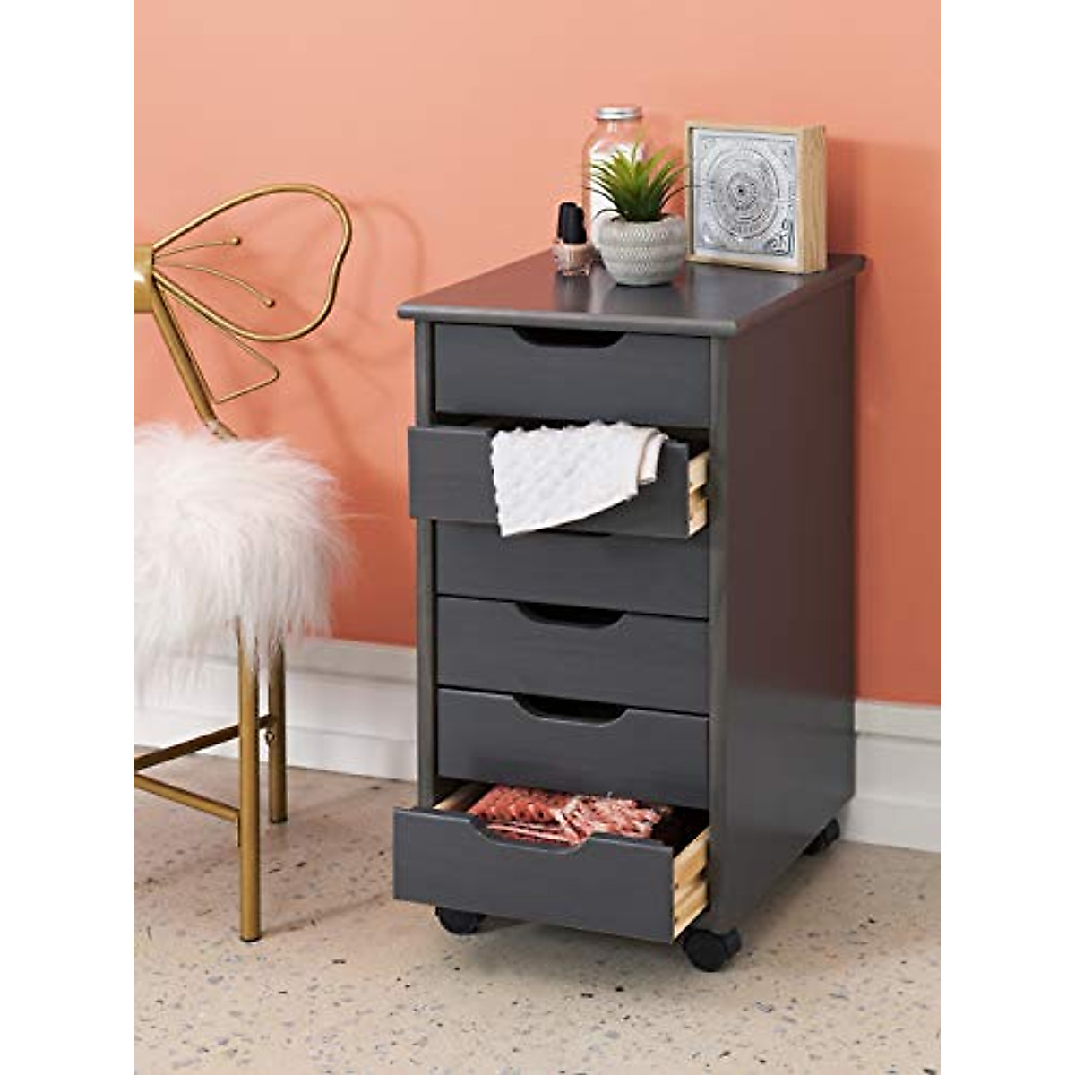 Linon Home Decor Products Corinne Six Drawer Storage, Grey Rolling Cart