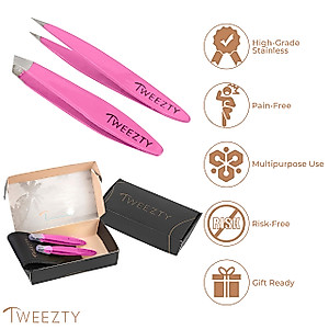Tweezty Tweezer Set for Travel - Mini Slant Tweezers and Precision Tweezers - Tweezers for Eyebrows and Tweezers for Ingrown Hair - Pink Tweezers Kit with Travel Case