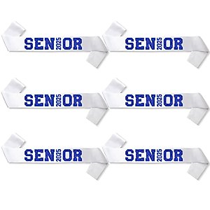 6Pcs White Senior 2025 Satin Sashes with Blue Glitter Letters- 2025 Graduation Celebrations Sashes - Senior Cheer Sash - Cheerleader Sash - Class Competition Sashes