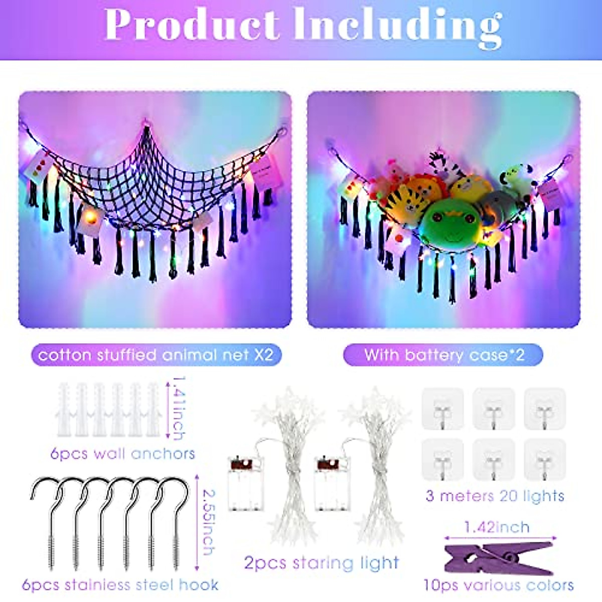 2 Set Large Stuffed Animal Toy Net Hammock with LED Light Plush Toy Hammock with Hooks Boho Corner Stuffed Animal Hanging Organizer for Kids Bedroom Nursery Decoration (Black)