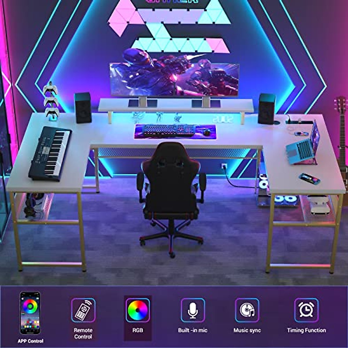 Unikito U Shaped Desk with LED Strip and Power Outlet, Reversible Large Corner Computer Desk with Monitor Stand and Storage Shelf, 83 Inch U Shape Office Desks, 2 Person L Shaped Gaming Table, White