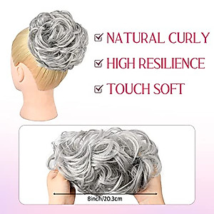 HOOJIH Messy Bun Hair Piece, 2PCS Tousled Updo Hair Extensions Hair Bun HCB001 Daisy Curly Wavy Ponytail Hairpieces Hair Scrunchies with Elastic Rubber Band for Women Girls - Silver Gray