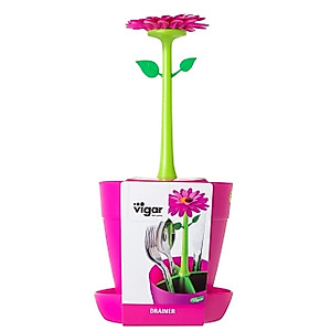 Vigar Flower Power Cutlery Drainer, Four-compartment Flatware Organizer, Flower-pot Design, Pink