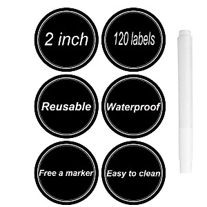 Chalkboard Labels Set of 120 Reusable Round Kitchen Labels Mason Jar Lid Canning Labels for Glass Jars, Food Containers, Kitchen and Pantry Organizing (2 Inches Wide, Free White Chalk Marker)