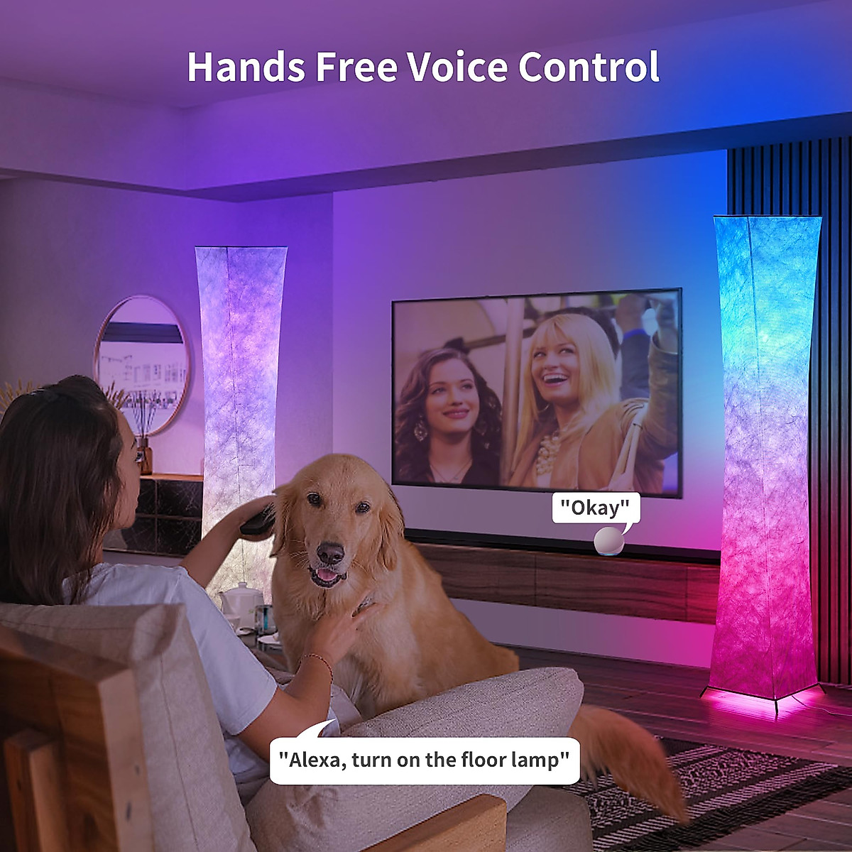 chiphy Floor Lamp, RGB Color Changing and Dimmable LED Lamp, Smart WiFi Bulbs Compatible with Alexa & Google Assistant, 64" Tall White Fabric Shade Light, Modern for Living Room, Bedroom, Game Room