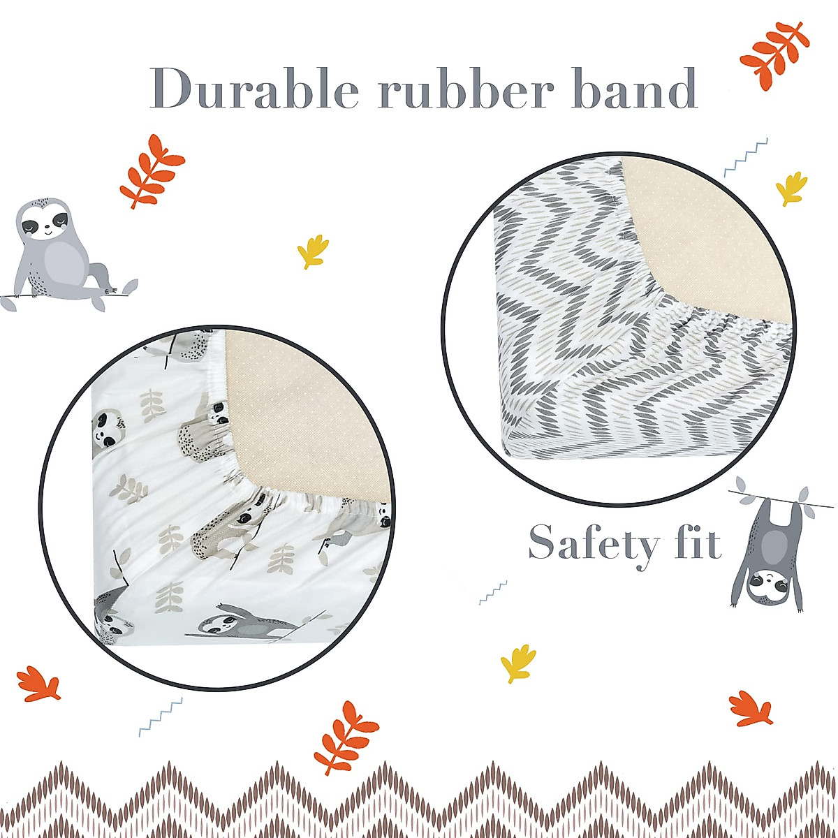 My Little Zone 100% Cotton Changing Pad Cover for Baby Boys and Girls, Chevron - Breathable Bassinet, Mini Crib Mattress Fitted Sheets - Little Sloth, 32"x16" with 8" Deep Pocket, White-Grey, 2 Pack