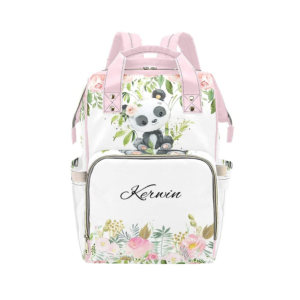 SunFancy Personalized Pink Flower Panda Bamboo Diaper Backpack with Name Text Large Capacity Custom Multi-Function Bag Unisex Travel Backpack for Mom Dad Boy Girl