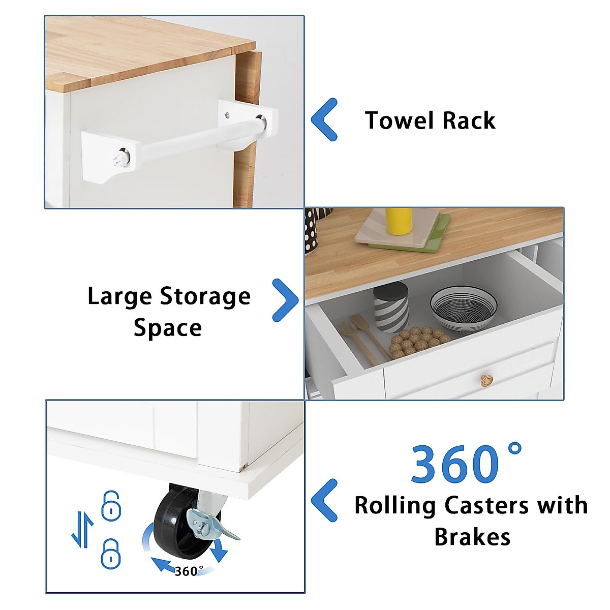 Kitchen Island Cart with Drop Leaf, Rolling Mobile Kitchen Island Table on Wheels with Storage Cabinet, Drawer, Spice/Towel Rack, White