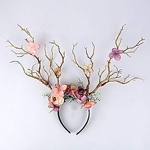 XIDAJIE Deer Antler Flower Crown Headbands Halloween Chritmas Long Antler Flower Branches Headband Props Horns Headpieces Hair Band Photo Shoot Forest Goddess Headdress Headwear, Light Brown
