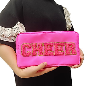 cqoogrlx Cheer Patch Bag Letter Patch Nylon Makeup Bag Cheer Cosmetic Bag Cheerleader Gifts Preppy Chenille Varsity Letter Cheer Makeup Bag Case Toiletry Zipper Pouch for Women Girls(Cheer-hot pink)
