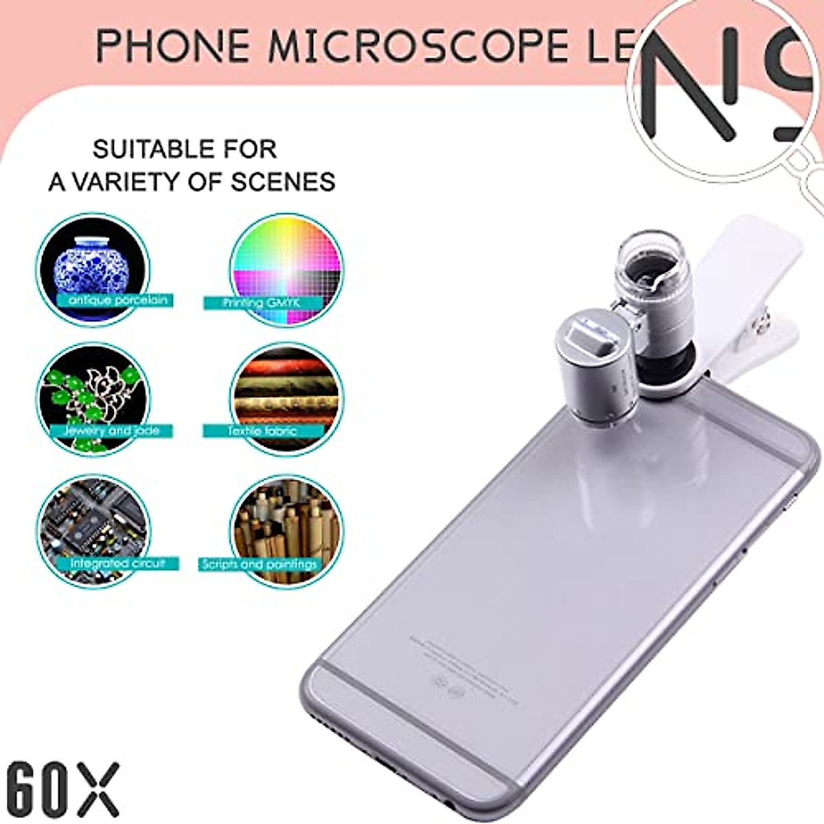 KINGMAS 60X Clip-On Microscope Magnifier Lens with LED Lights Jeweler Loupe for iPhone, Samsung and More Mobile Phones (Universal)