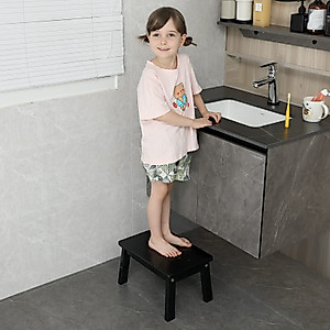 HOUCHICS Wooden Step Stool,One Step Stool for Adult Kids,Wood Bedside Step Stool for Kitchen,Bathroom,Bedroom(Black)