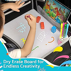 Blissful Diary Kids Travel Tray for Toddler Car Seat, Car Seat Tray for Road Trip, Road Trip Essentials Car Tray with Drawing Kit, Markers Desk Organizer for Car Airplane Travel Activities (Dinosaur)