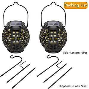 Solar Lantern Outdoor, 2 Pack Solar Hanging Lantern Lights with Shepherd Hooks, Solar Powered Lantern Waterproof with Handle, Christmas Decorative LED Garden Lights for Patio Courtyard Table Pathway