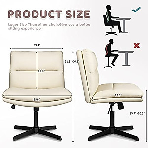 LEMBERI PU Leather Armless Office Desk Chair No Wheels,Criss Cross Legged Home Office chairs, Wide Padded Swivel vanity chair,120°Rocking Mid Back Ergonomic Computer Task Chair for Make Up,Small Space