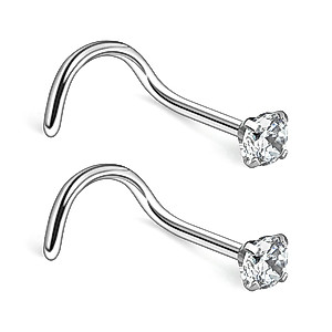 Ruifan 2PCS 20G Mix Color 316L Surgical Steel 2.5mm Clear Diamond CZ Right Nose Rings Studs Twist Screw Bend Ring Body Piercing Jewelry - Silver