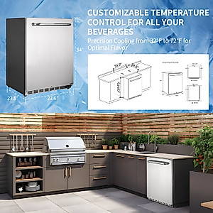 HCK 24 Inch Outdoor Refrigerator, Undercounter Refrigerators with Stainless Steel Door, 161 Can Beverage Fridge for Home Bar, Kitchen, Patio, Outdoor, and Commercial Use - 5.12 Cu.Ft