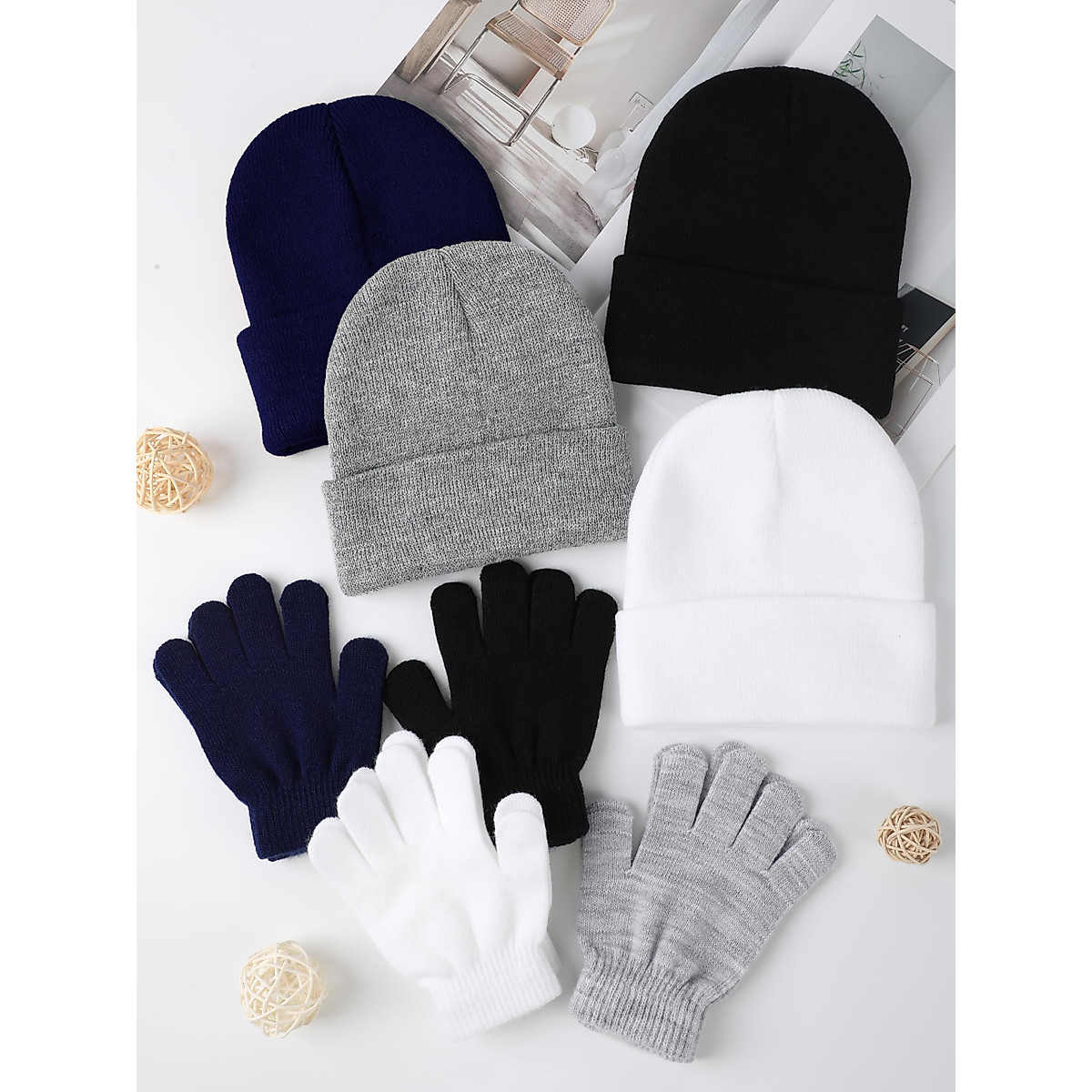 Gnodio 8 Pack Kids Beanie Hats and Gloves Set Kid's Knitted Beanies Hat Winter Gloves for Boys Girls