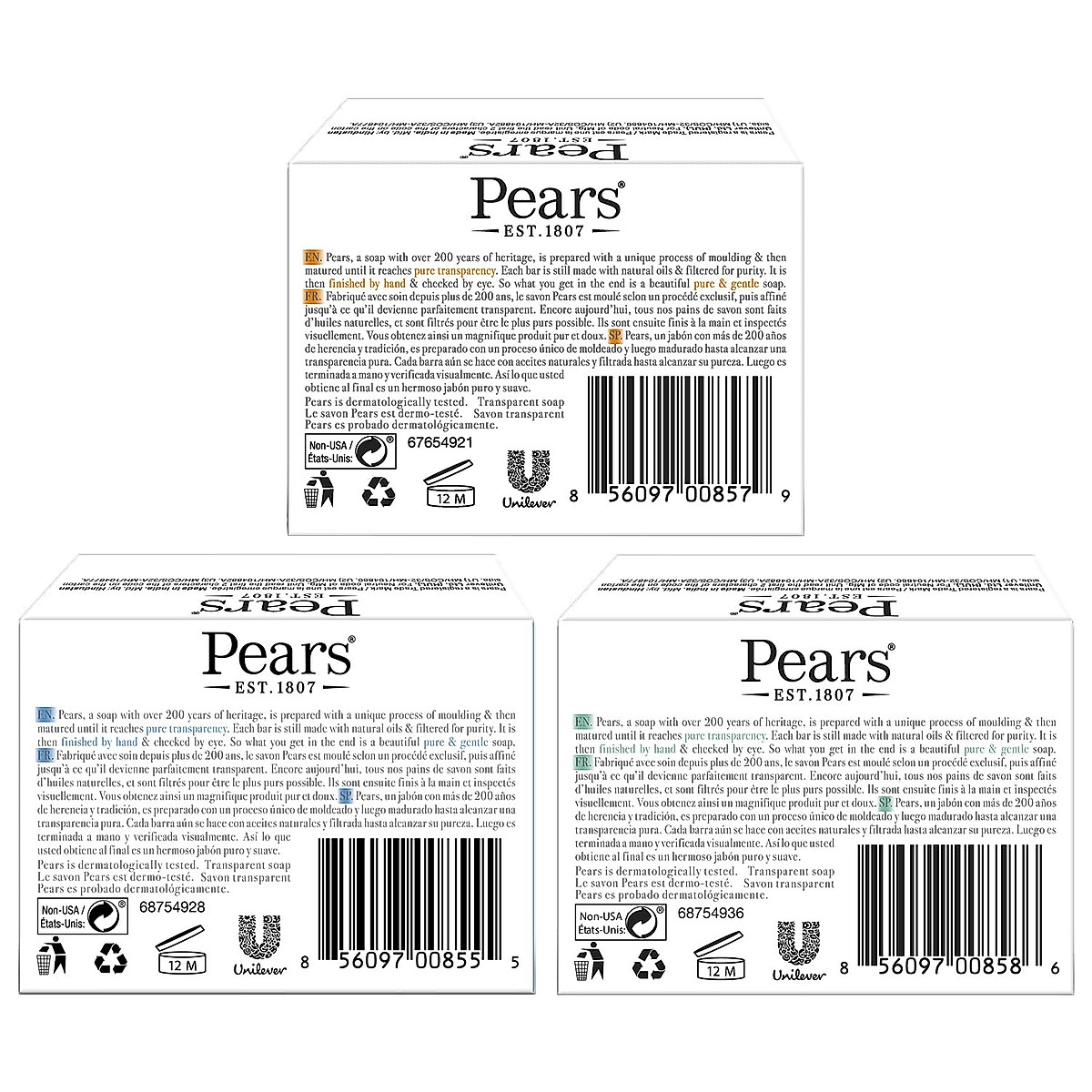 Pears Soap, Face & Body Soap, Variety 12-Pack – Pure & Gentle Transparent Bar Soap Bundle, Moisturizing Glycerin Soap for Glowing Skin, Amber, Blue, and Green Soap Bars, 3.53 Oz Ea