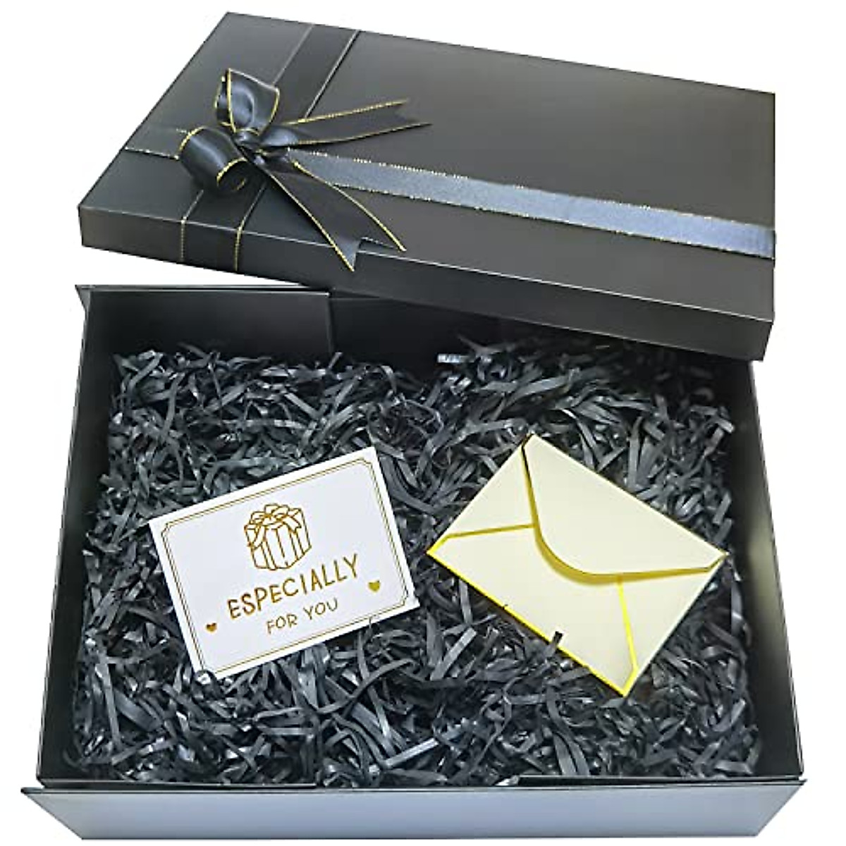 MYGOGOART Large Black Gift Box 11.2x8.2x4.2 Inches with Lid, Ribbon Bow, Shredded Raffia Paper Fill, Greeting Card and Envelope for Wedding Birthday Valentines Bridal Gifts (1 pack, Black)