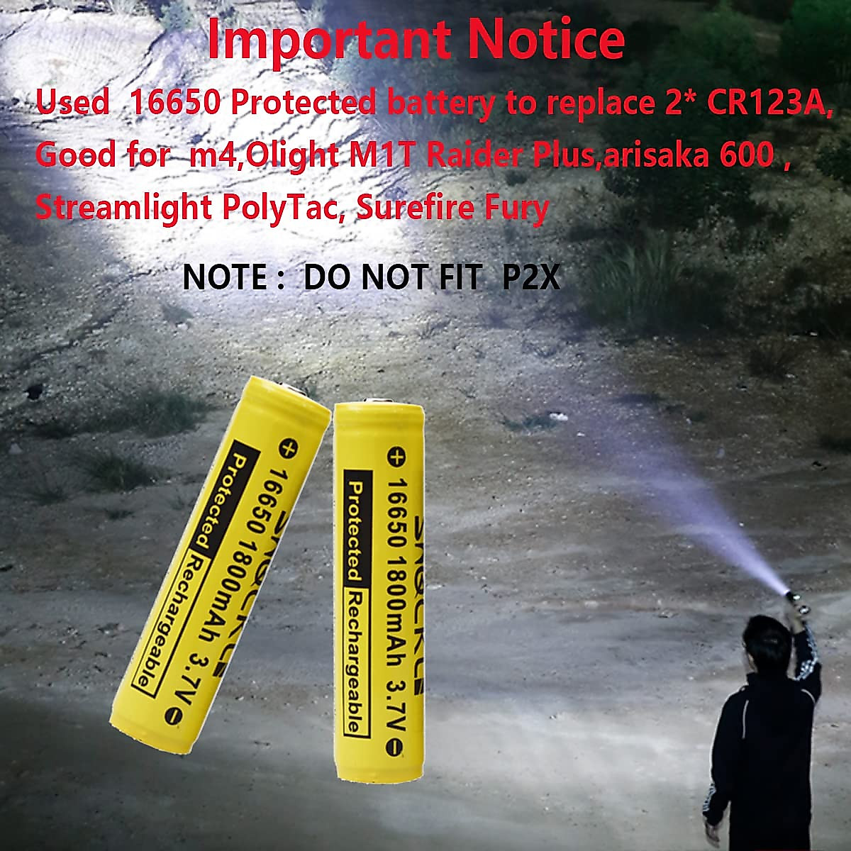 funkawa (2- Pack) Shockli 16650 1800mAh Rechargeable 3.7V Batteries[ Replacement for 2 x CR123 ] - Protected Battery