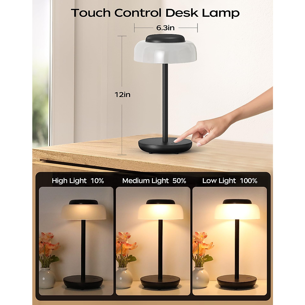 QiMH Battery Operated LED Table Lamp, 5000mAh Waterproof Cordless Desk Lamp with 3 Level Brightness Touch Control, Mini Rechargeable Night Light for Living Room, Bedroom, Outdoor bar (Black)