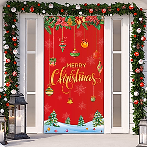 Merry Christmas Door Cover 35 x 71 Inch Christmas Ball Door Cover Backdrops Xmas Tree Door Cover Banner Christmas Balls Background Xmas snowflake Front Door Christmas Hanging Decorations (Red)