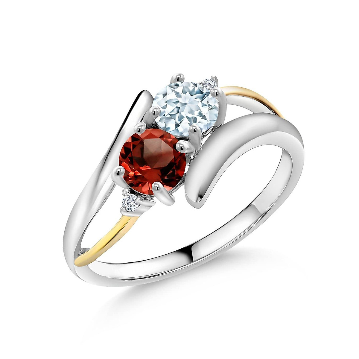 925 Sterling Silver and 10K Yellow Gold Sky Blue Aquamarine Red Garnet and White Lab Grown Diamond 2 Stone Crossover Ring For Women (1.52 Cttw, Gemstone Birthstone, Available in size 5, 6, 7, 8, 9)